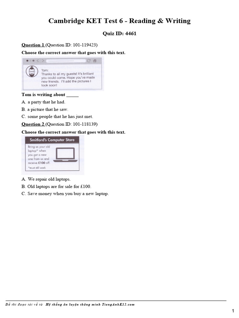 Quiz - 4461 - Cambridge Ket Test 6 - Reading Writing | PDF