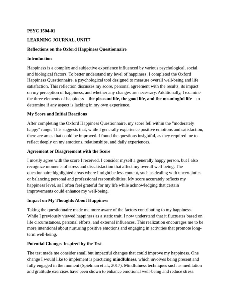 Psyc 1504-01 Learning Journal 7 | PDF | Happiness | Well Being