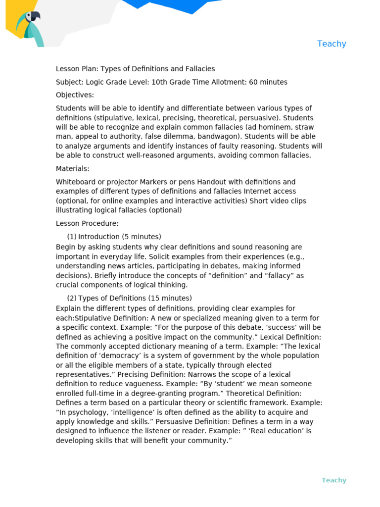 Lesson Plan - 3 - 25 - 2025 | PDF | Fallacy | Argument