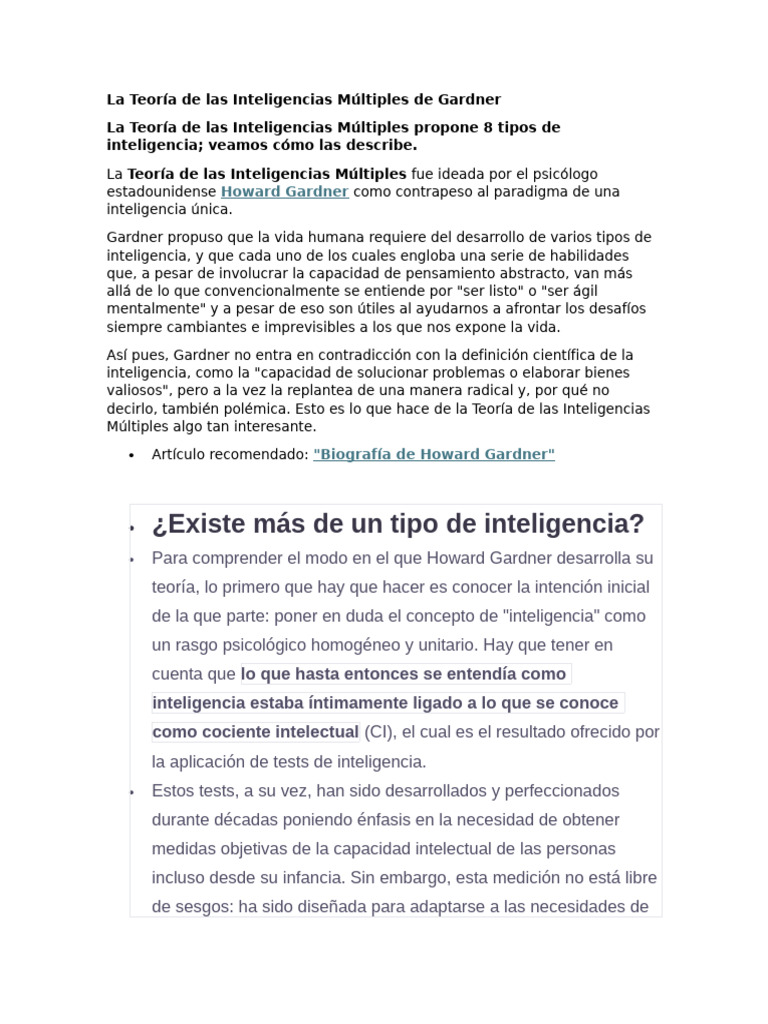 Inteligencias Múltiples de Gardner: Tipos y Teoría | PDF | Inteligencia ...