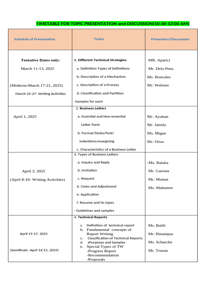 Timetable For Topic Presentation Els 201N T400 | PDF | Microsoft Power ...
