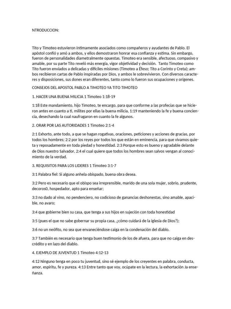 Consejos de Pablo a Tito y Timoteo | PDF | Iglesia cristiana | Pablo el ...