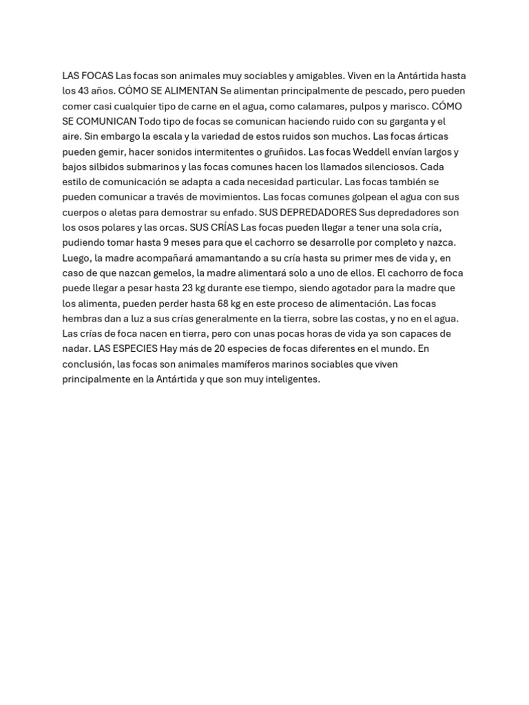 Focas: Hábitos, Alimentación y Crías | PDF
