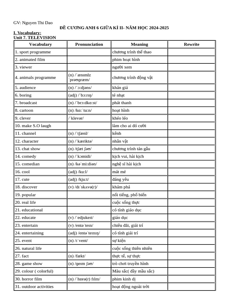 De Cuong Anh 6 Giua Ki 2 | PDF