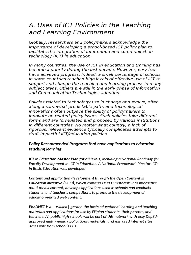 A.Uses of ICT Policies in The Teaching and Learning Environment | PDF ...