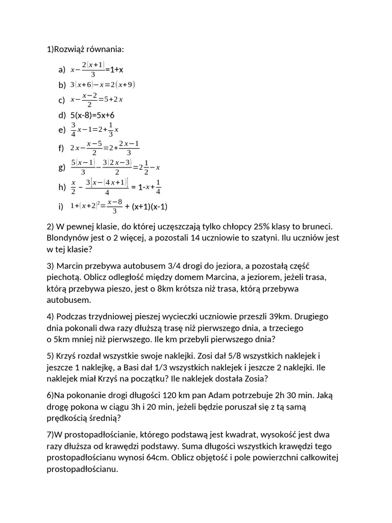 Równania Zadania Różne 8 Klasa | PDF