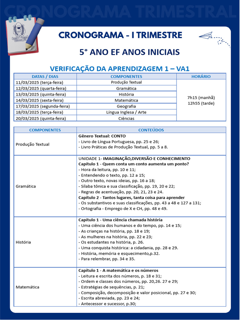 Cronograma Va1 - 1º Trimestre (5º Ano) | PDF | Science