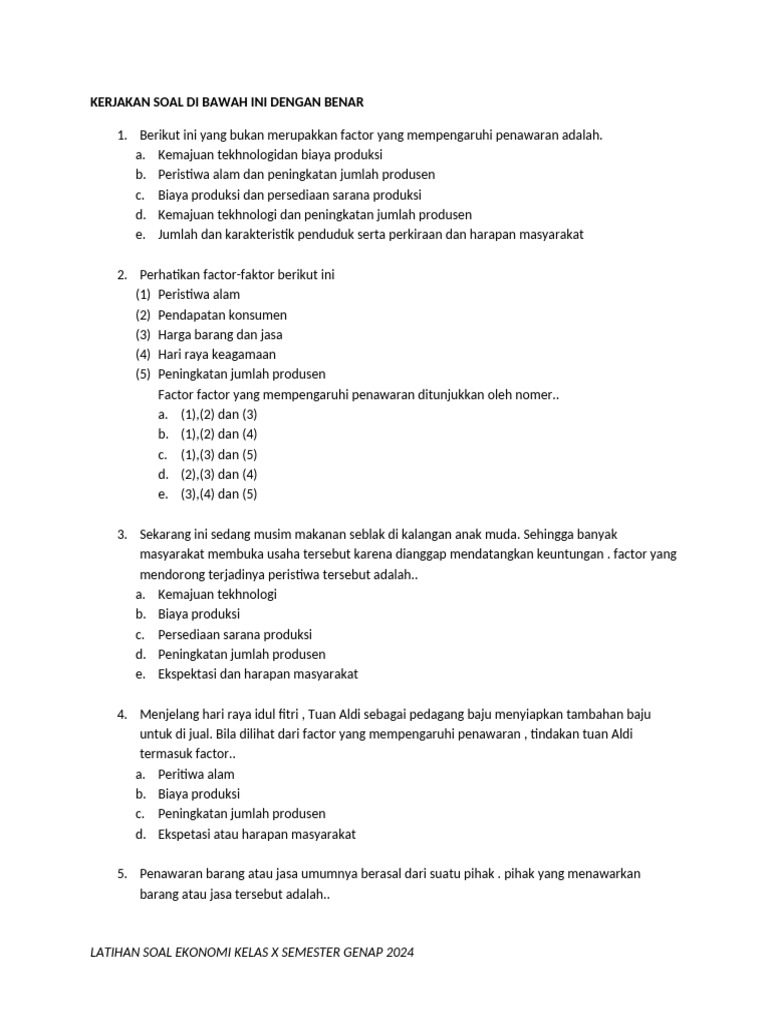 Latihan Soal Ekonomi Kelas X Genap 2024 | PDF