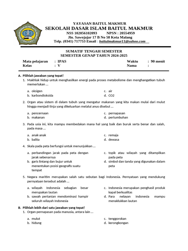 Kop Sumatif Tengah Semester (STS) 24-25 (Ipas) | PDF