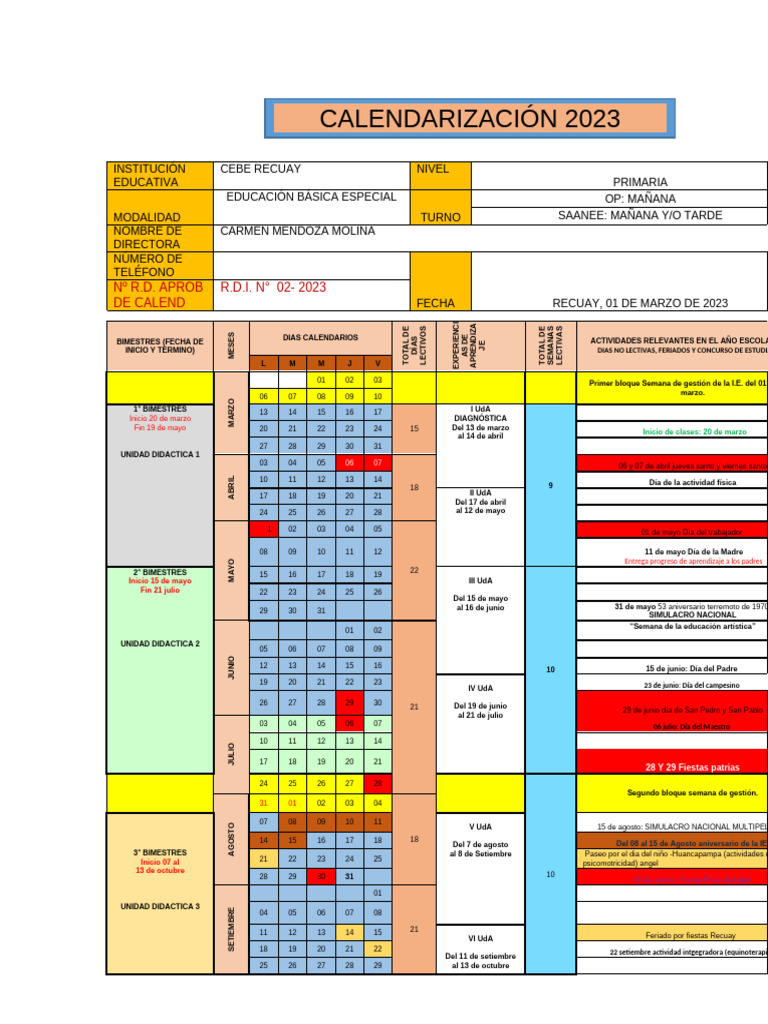 CALENDARIZACIÓN DEL AÑO ESCOLAR 2023 MARZO | PDF
