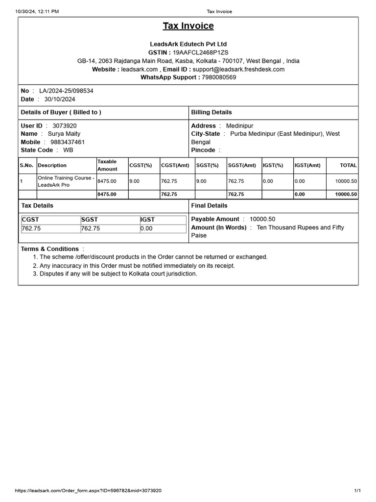 LeadsArk Edutech Tax Invoice 2024 | PDF