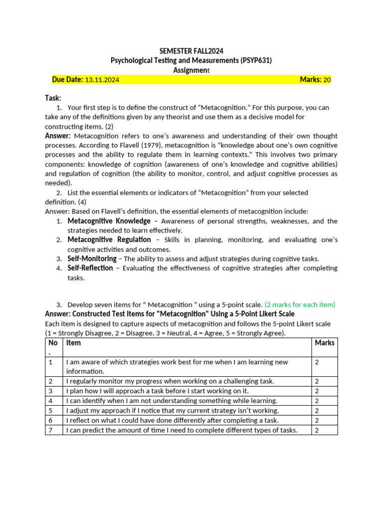 Psy 631 Assignment Solution | PDF | Metacognition | Cognition