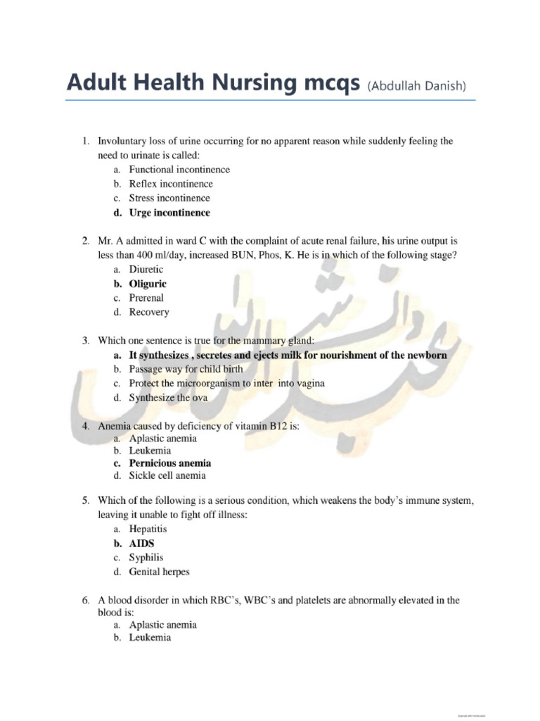 Adult Health Nursing 3rd Semester BSN Mcqs With Key, Educational ...