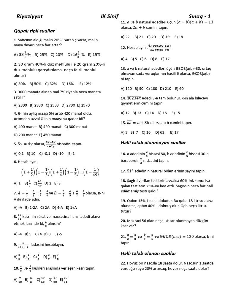 9 Sin Qapalı Tipli Suallar | PDF