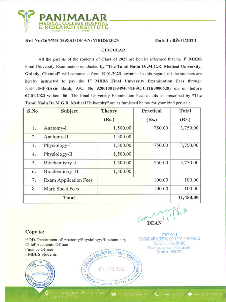 First MBBS University Examination Fees - Circular | PDF