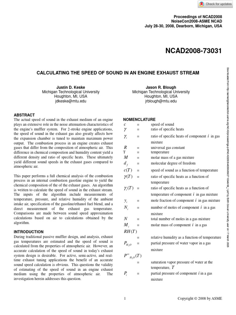 Calculating Speed of Sound in An Engine Exhaust System | PDF | Gases | Thermodynamics