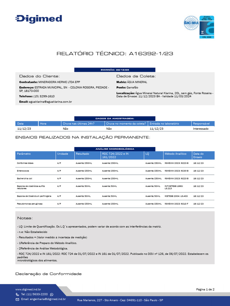 POTABILIDADE - Klarina - Digimed | PDF