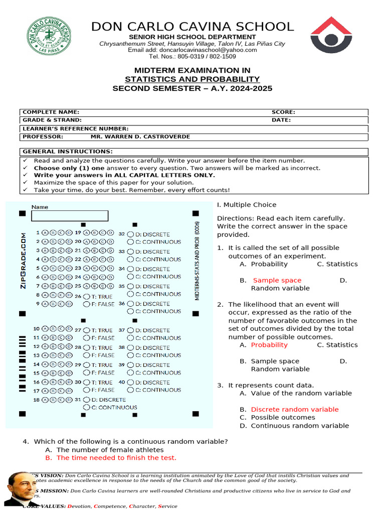 Midterm-Exam-Stats and Prob | PDF | Sampling (Statistics) | Probability Distribution