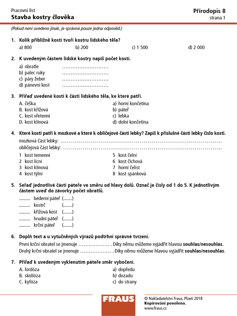 Prirodopis 8 - PL Clovek Kostra - Test | PDF