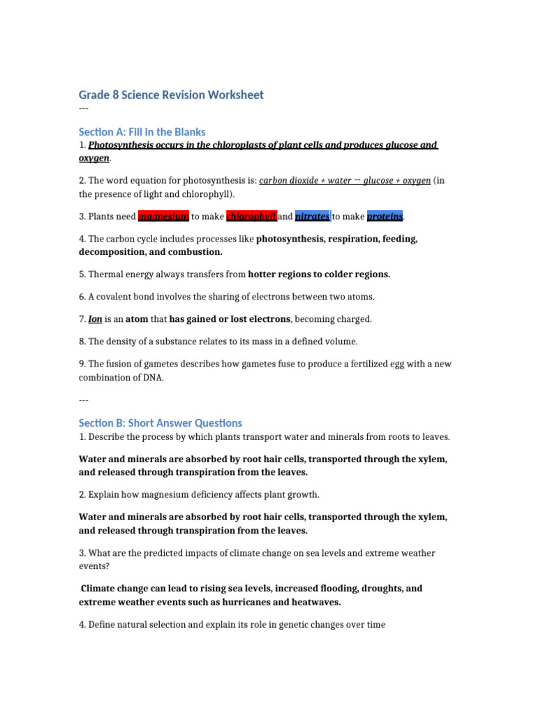 Bảo Vũ Gia - Grade - 8 - Science - Revision - Worksheet | PDF | Water ...