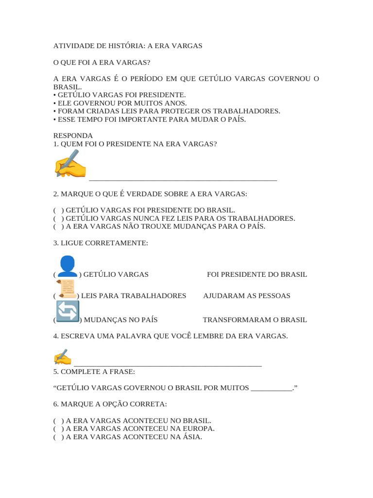 Atividades sobre a Era Vargas para 5º e 9º ano | PDF