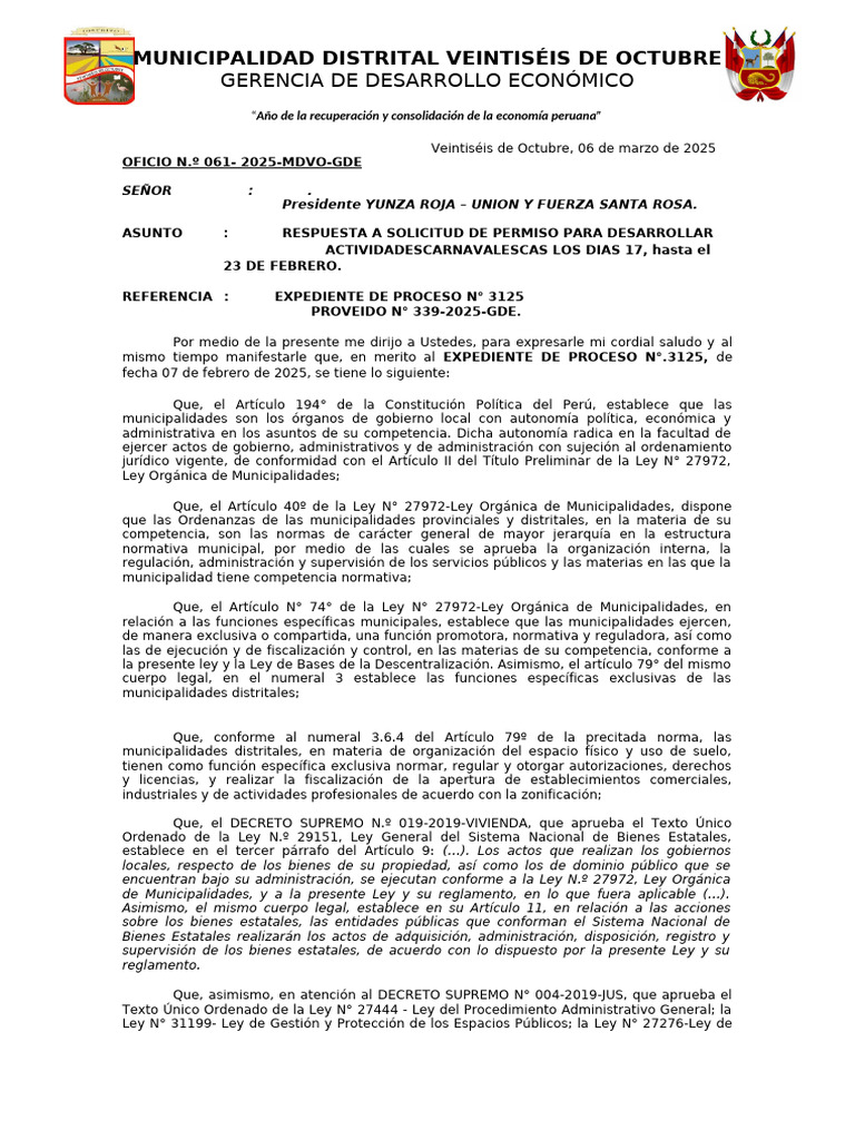 Oficio #039-2025-Gde Yunza Roja Santa Rosa | PDF | Regulación | Gobierno local