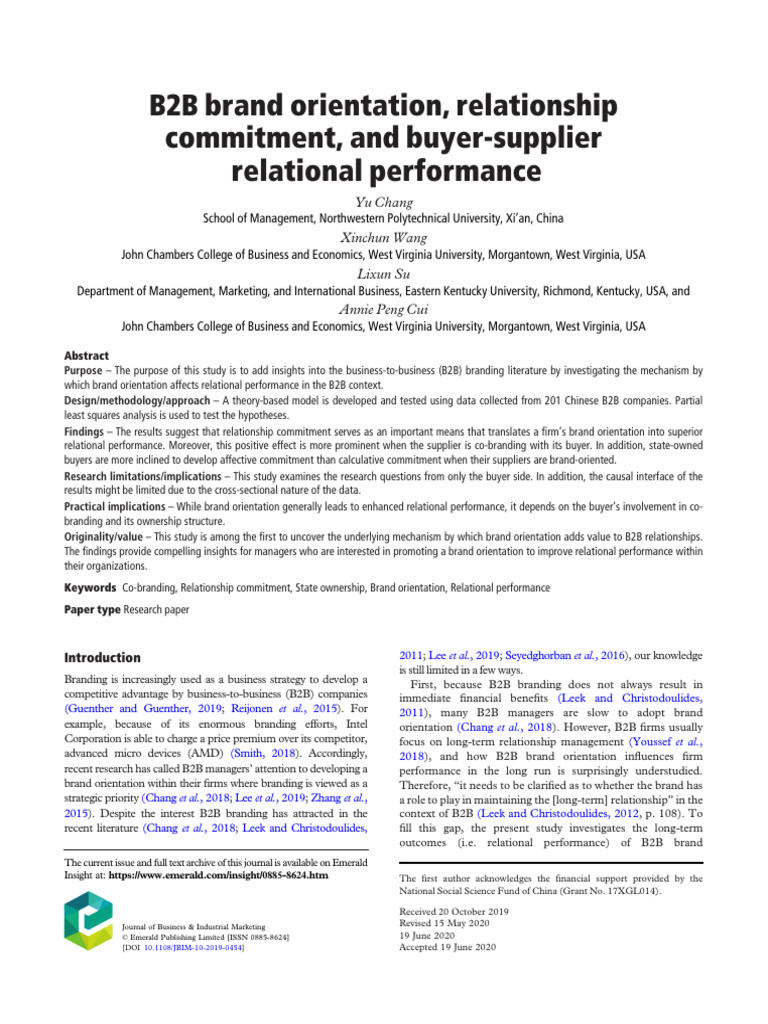 B2B Brand Orientation, Relationship Commitment, and Buyer-Supplier Relational Performance | PDF ...