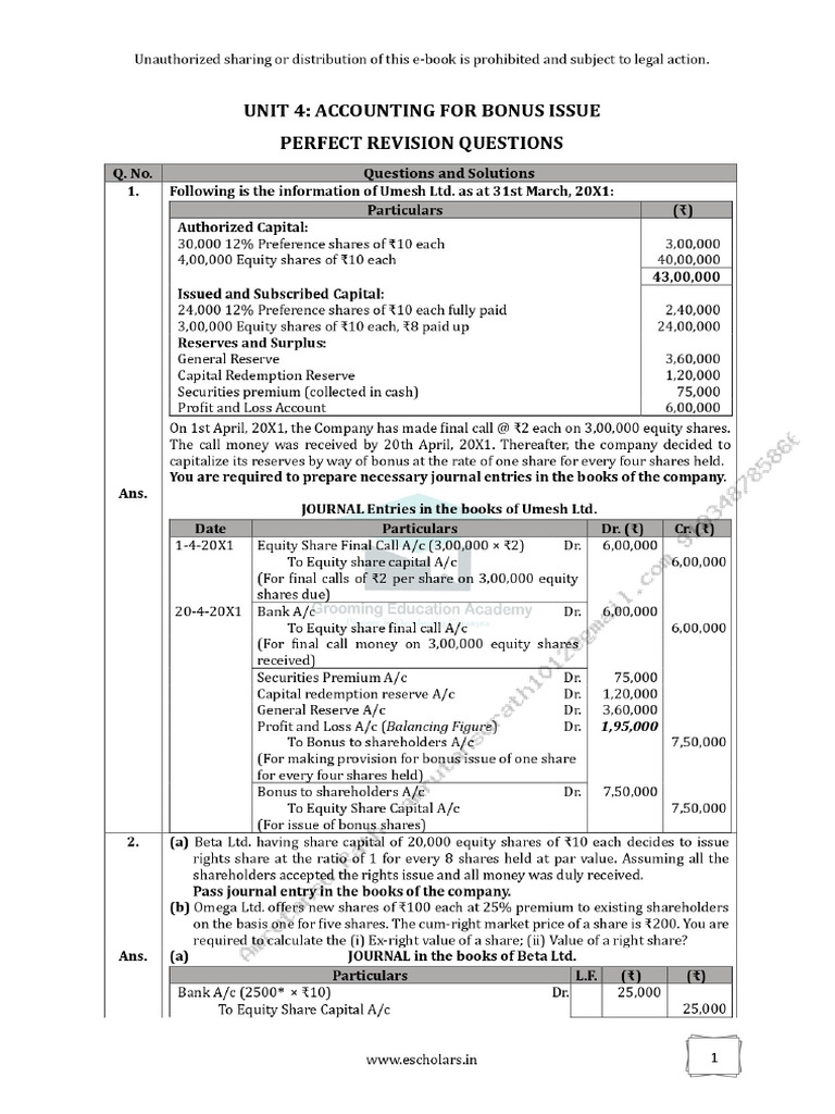 Accounting For Bonus Issue and Right Issue (Section 63) Questions | PDF
