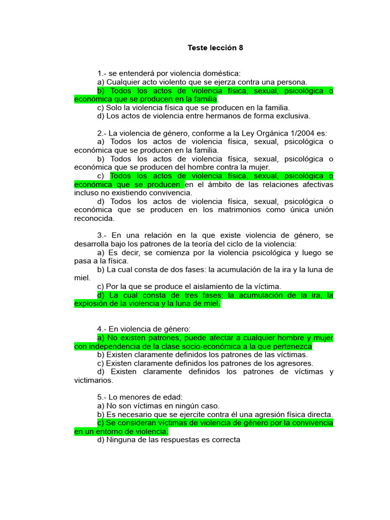 Test_leccion_8_soluciones | PDF | Violencia doméstica | Violencia