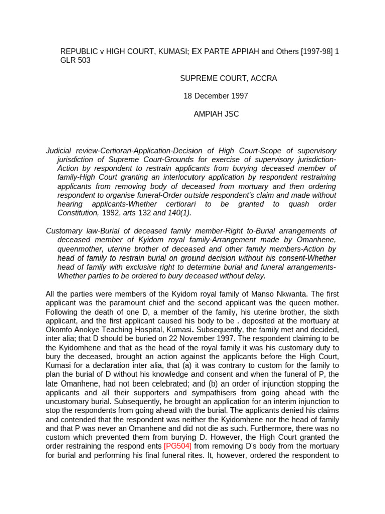 REPUBLIC V HIGH COURT, KUMASI EX PARTE APPIAH and Others (1997-98) 1 GLR 503 | PDF ...