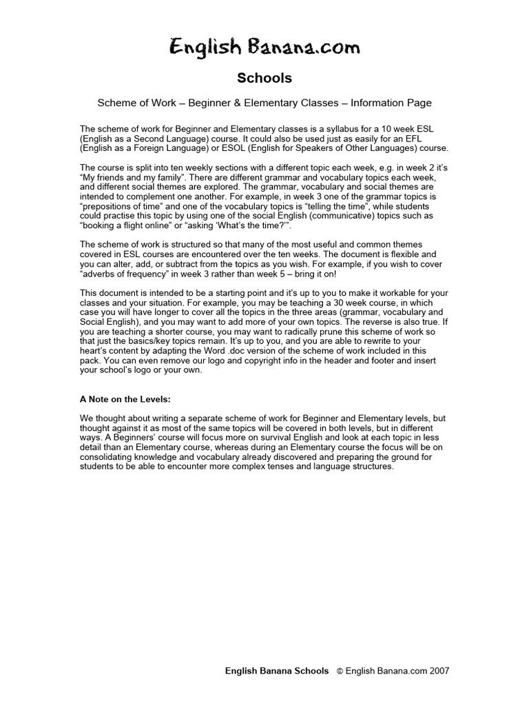 Beginner Elementary Scheme of Work Info | PDF | English As A Second Or ...