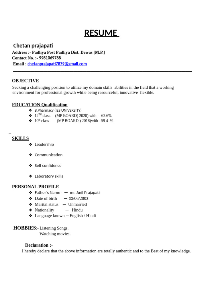 Chetan Prajapati's Resume Summary | PDF