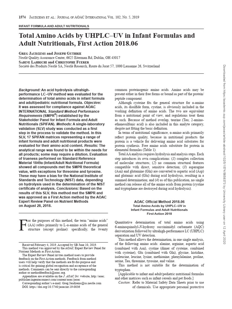 Total Amino Acids by UHPLC-UV in Infant Formulas and Adult Nutritionals ...