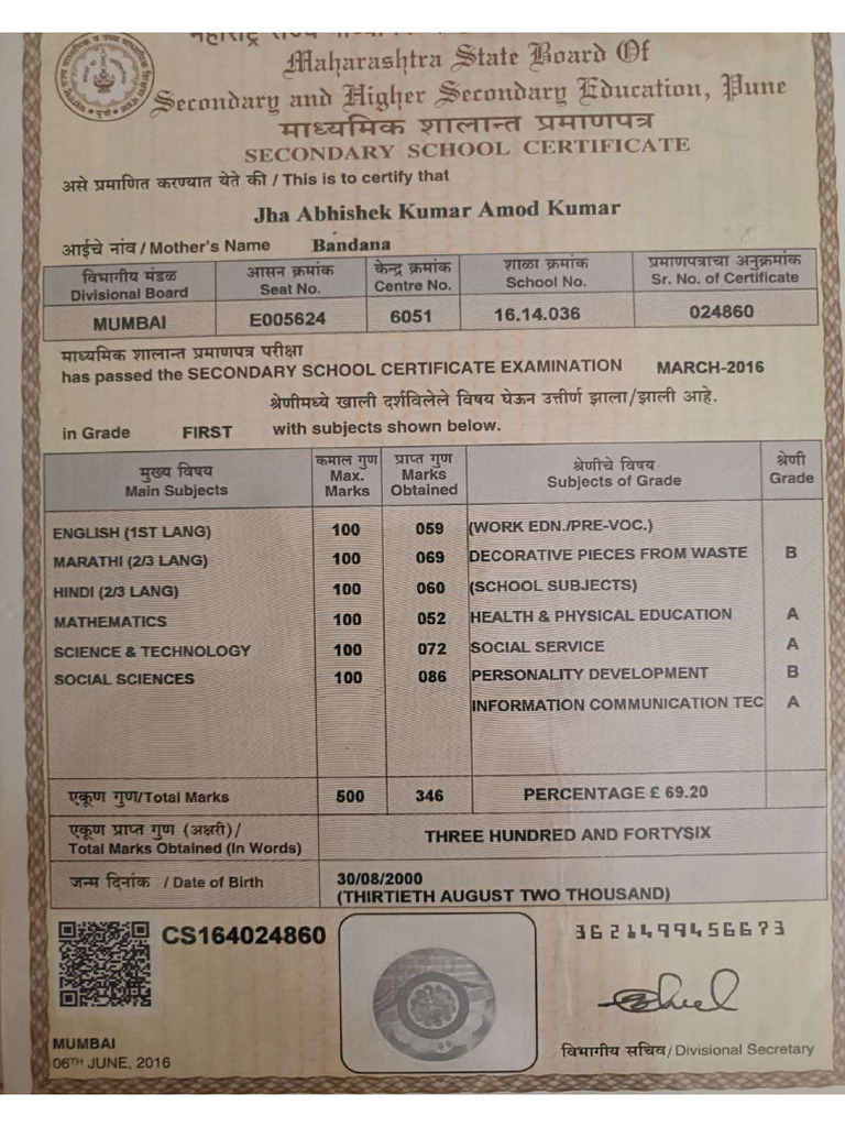 Ssc Mark Sheet | PDF