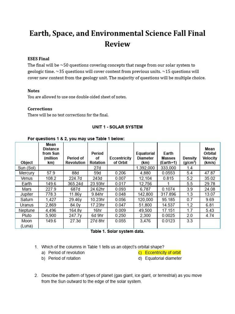 ESES Fall Final Review Guide | PDF | Rock (Geology) | Stars