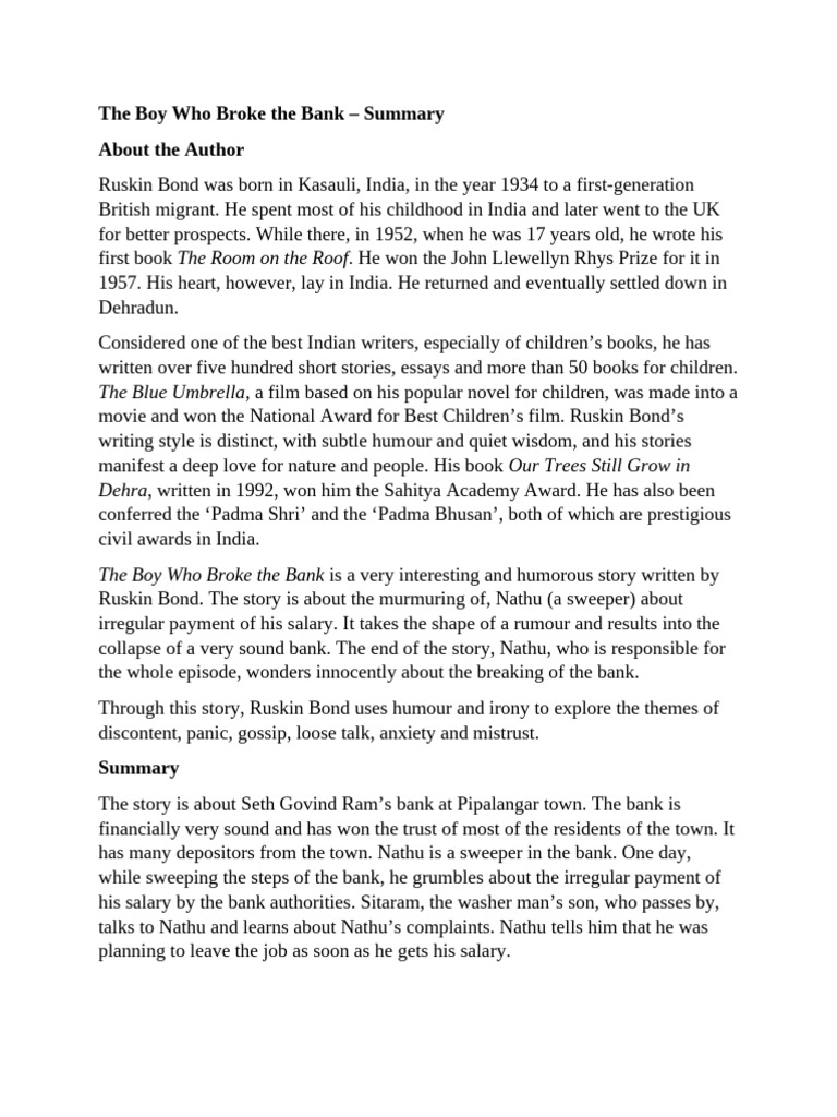 Summary of "The Boy Who Broke the Bank" | PDF