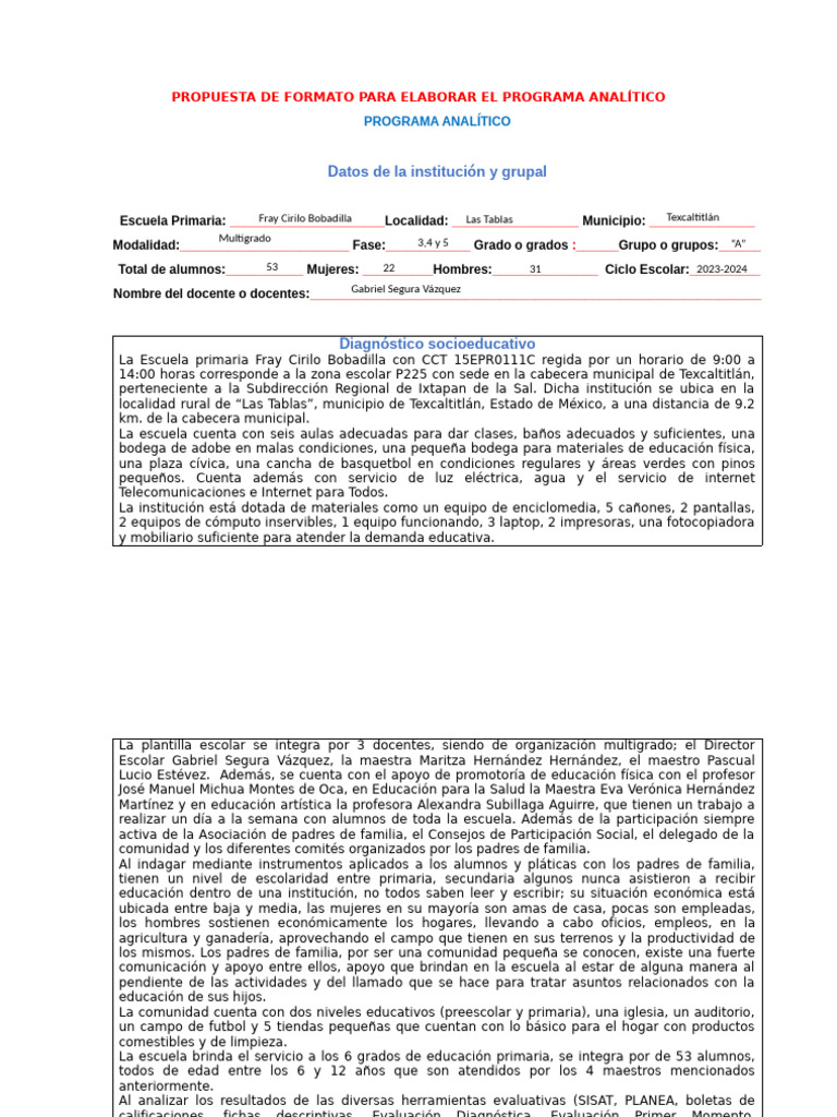 Programa Analitico Las Tablas 23-24 | PDF | Inclusión (Educación) | Pensamiento