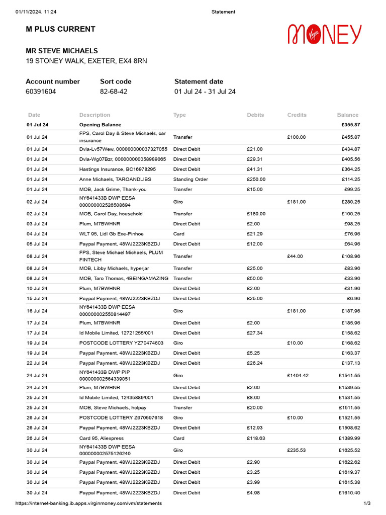 Steve Michaels - Virgin Current JUL 2024-Combined | PDF | Overdraft | Transaction Account