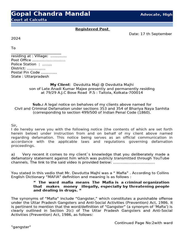 Legal Notice For Civil and Criminal Defamation | PDF | Defamation ...