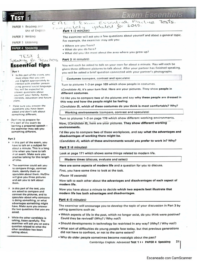 CAE 1. Exam Essential Practice Test 1-8. Teachers Notes | PDF