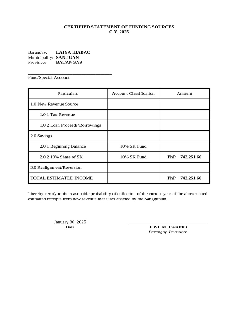 Certified Statement of Funding Sources 2025 | PDF