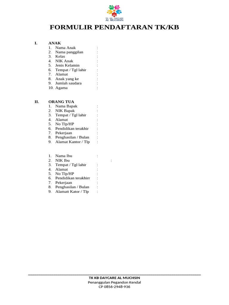 Formulir TK KB Al Muchsin | PDF