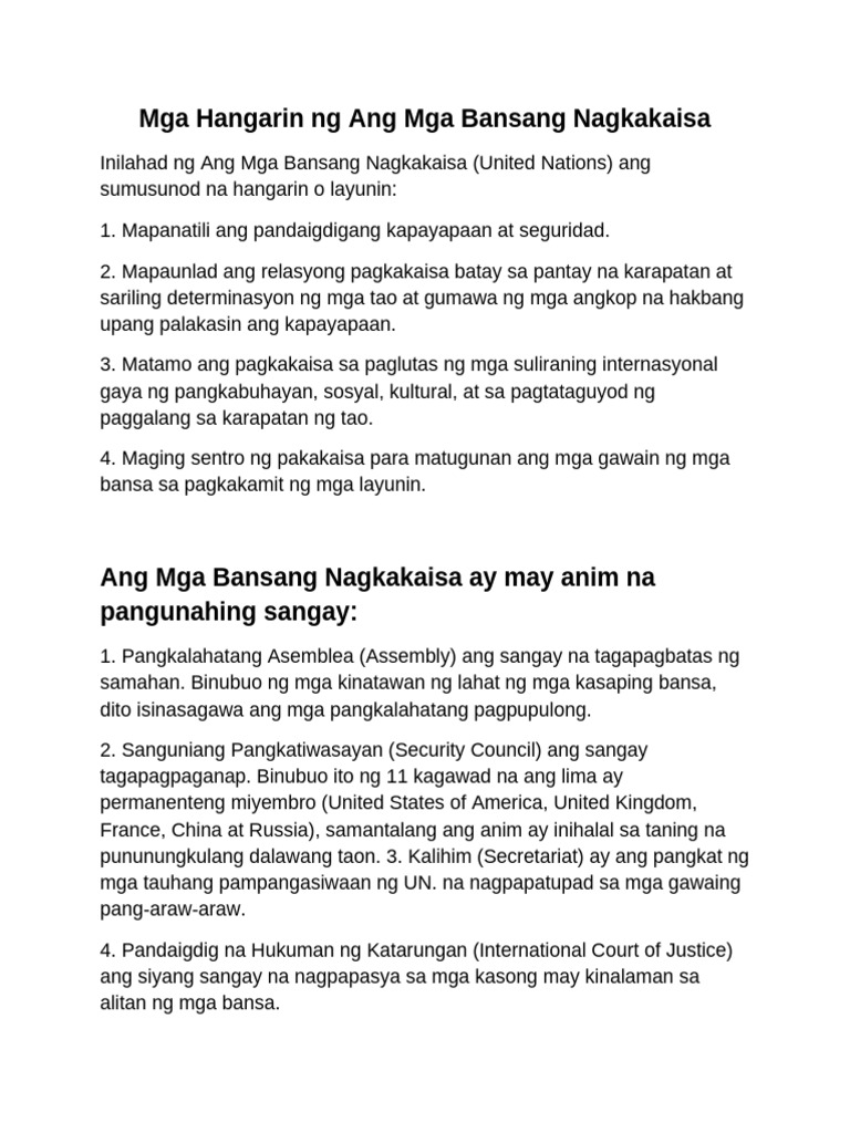 Mga Hangarin NG Ang Mga Bansang Nagkakaisa | PDF