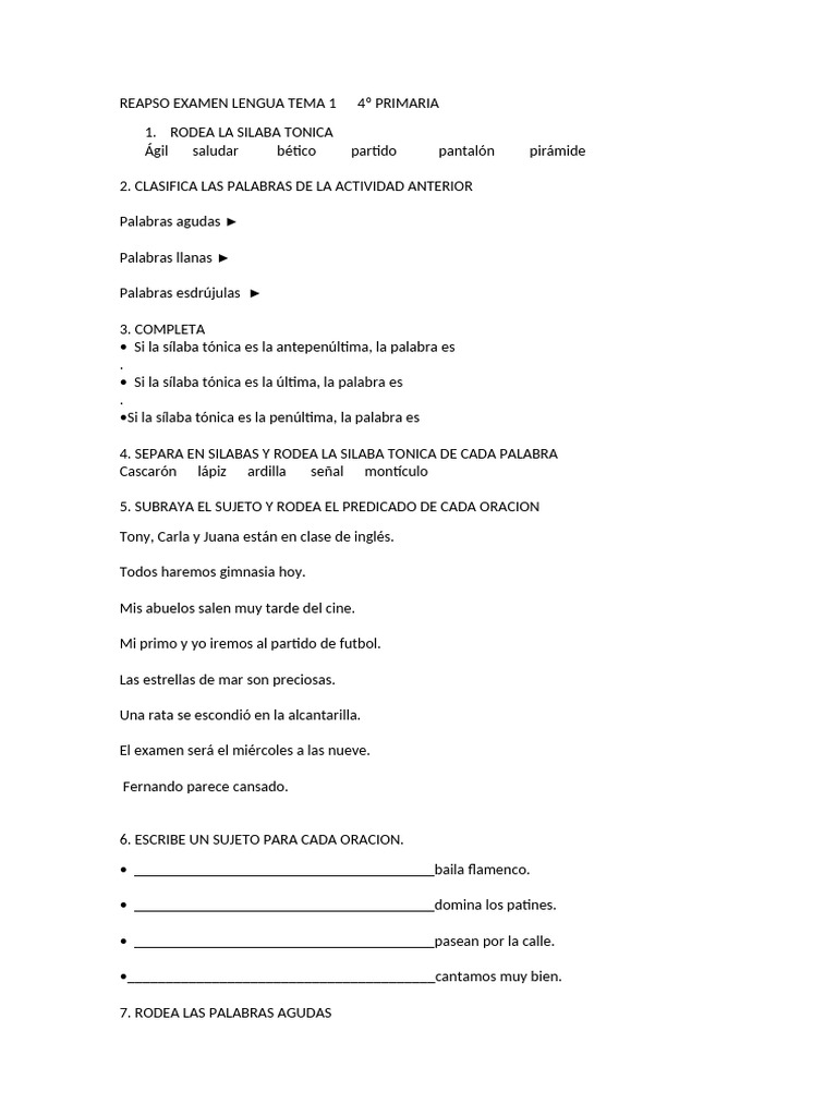 4º Examen Lengua Tema 1 4º Primaria | PDF