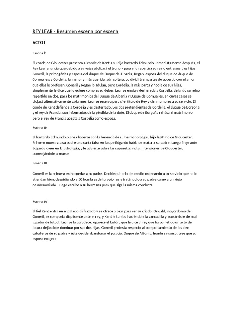 REY LEAR - Resumen Por Escena | PDF | Rey Lear