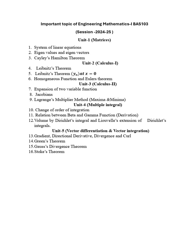 Important Topics and Questions Maths-I BAS103 | PDF | Matrix (Mathematics) | Eigenvalues And ...