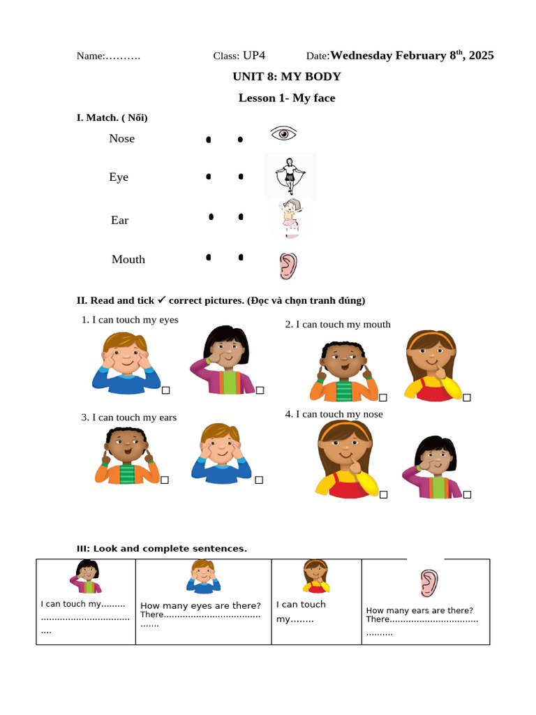 Wednesday February 8, 2025 Unit 8: My Body Lesson 1-My Face | PDF
