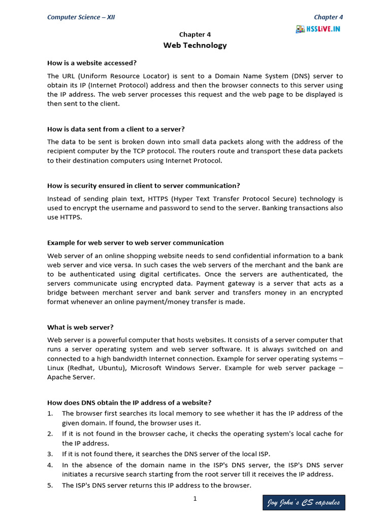 HSSLiVE XII CS Chapter 4 Web Technology Joy John | PDF | World Wide Web ...