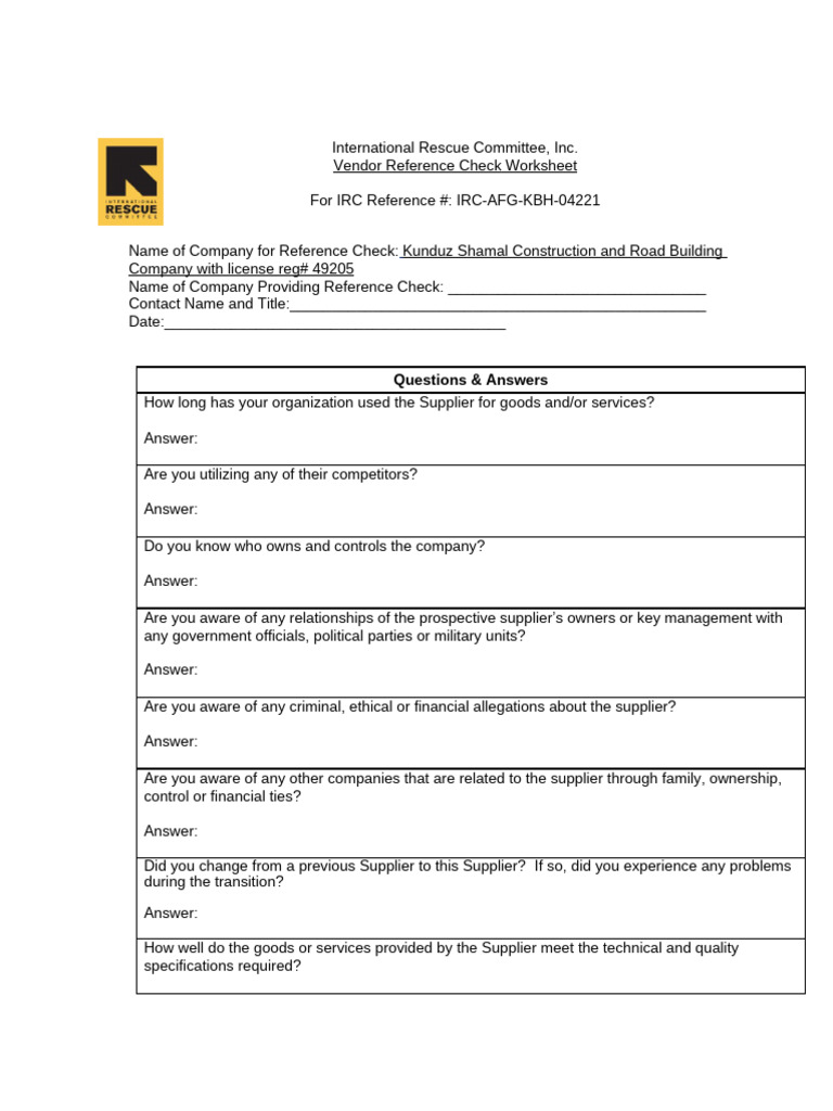 P10 Vendor Reference Worksheet | PDF