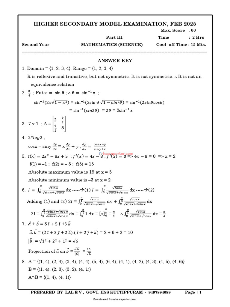 Plus Two Maths Key Model 2025 SY 6272 - Hssreporter - Com | PDF | Functions And Mappings ...